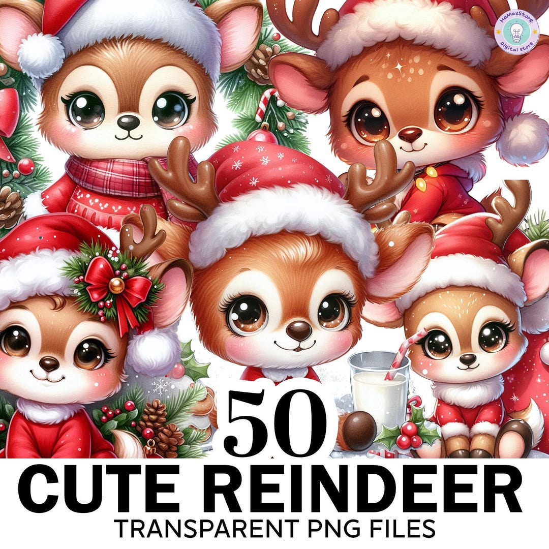 Watercolor Cute Reindeer Clipart, 50 PNG Funny Christmas Reindeer ...