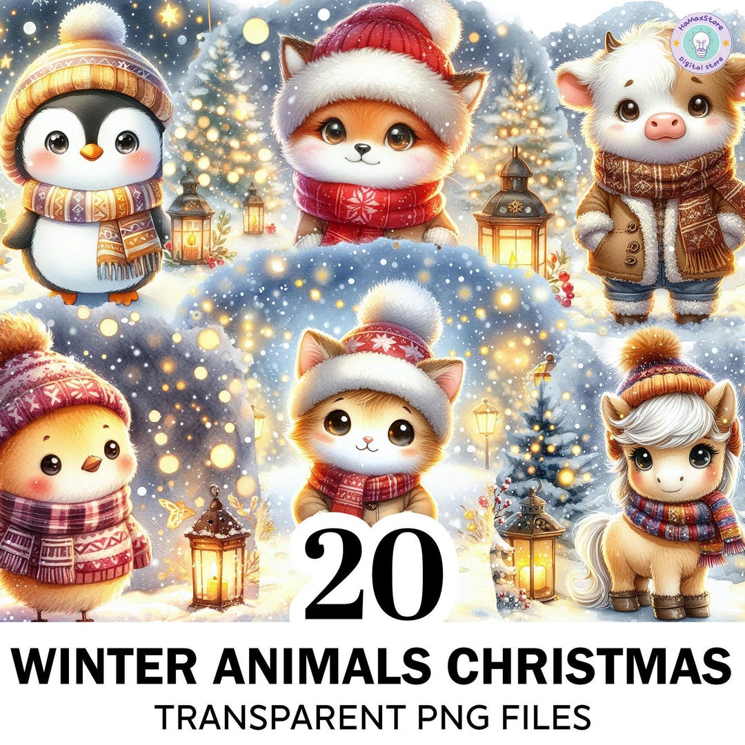 Watercolor Winter Animals Clipart, 20 PNG Xmas Decoration Clipart ...