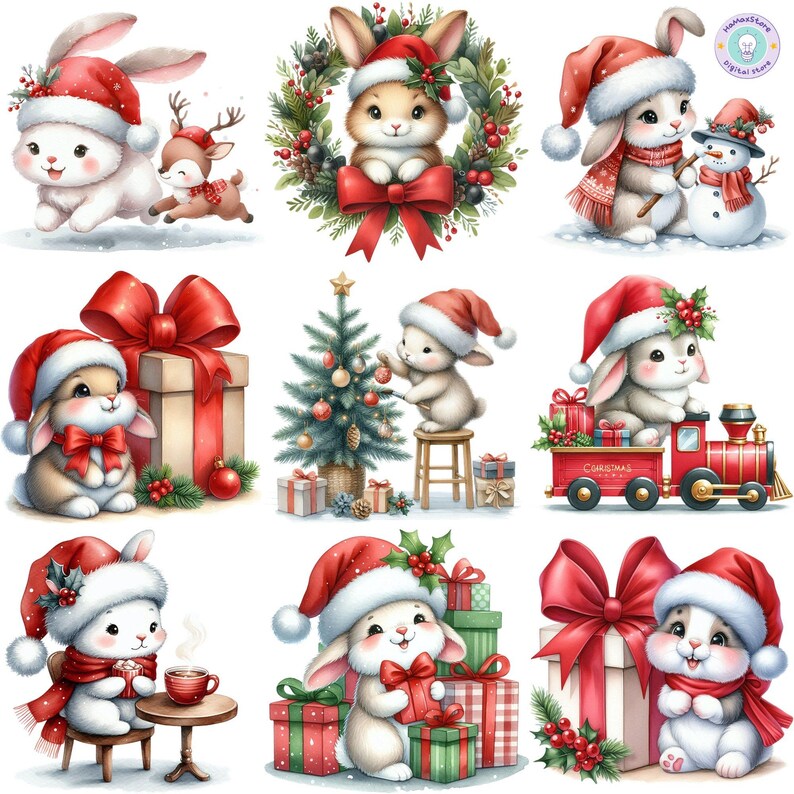 Watercolor Christmas Rabbit Clipart, 20 PNG Christmas Decoration ...