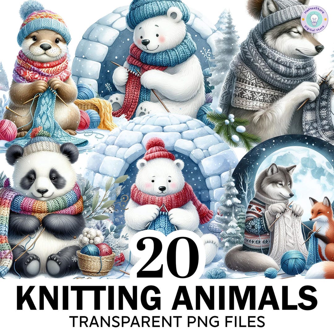 Watercolor Knitting Animals Clipart, 20 PNG Winter Animal Clipart ...