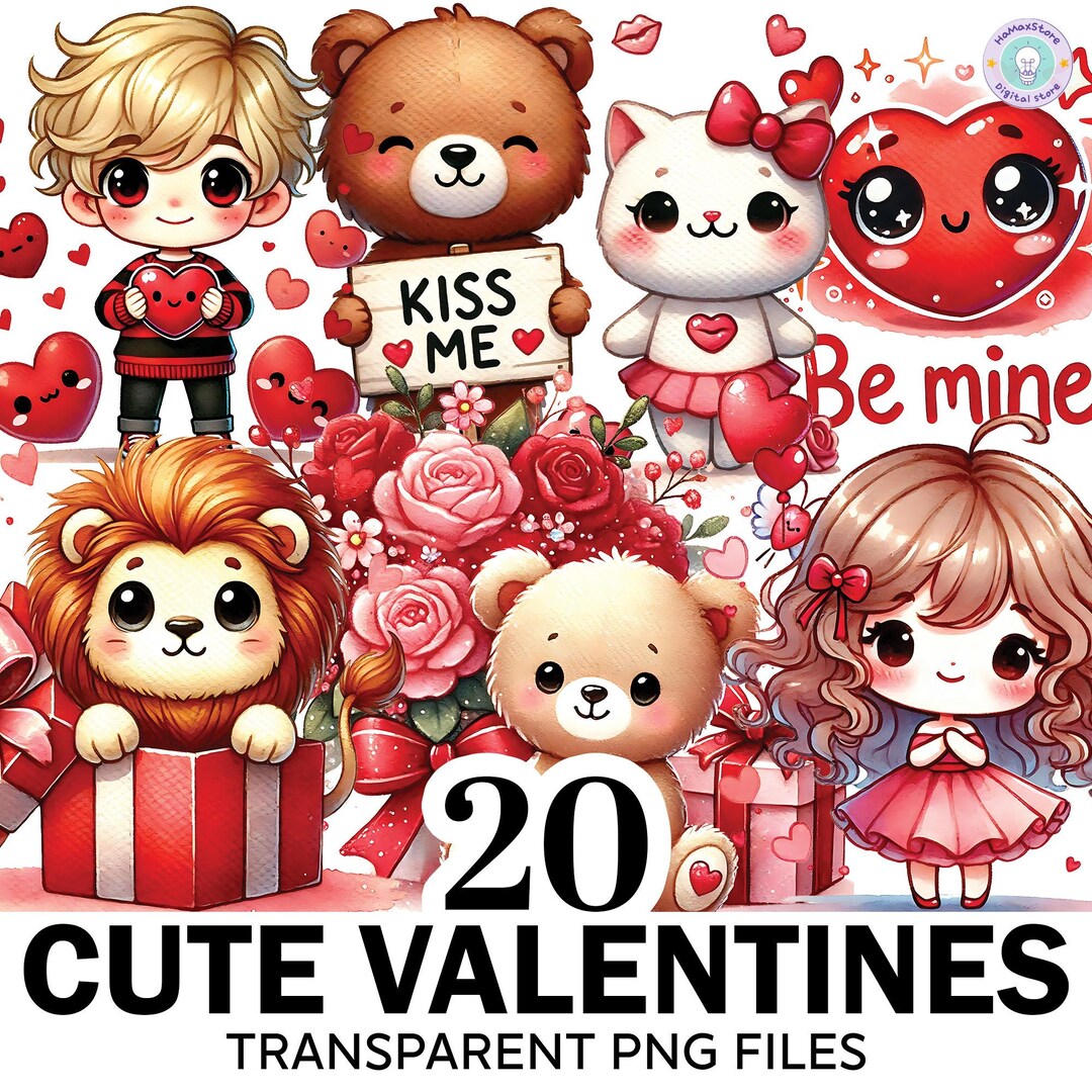 Watercolor Cute Valentines Clipart, 20 PNG Sweeet Clipart, Valentine ...