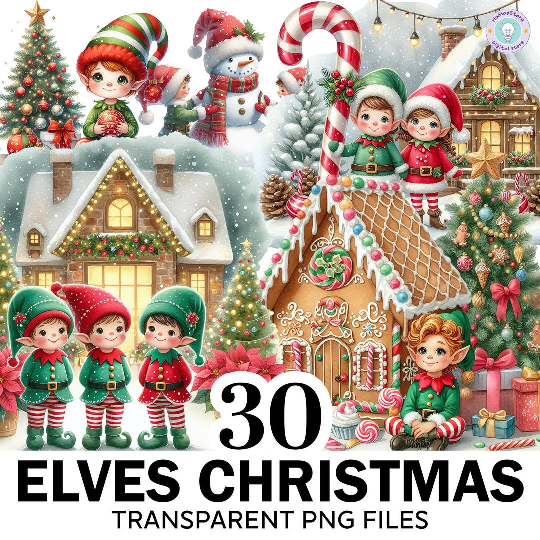 Watercolor Christmas Elves Clipart, 30 PNG Cheeky Christmas Elves ...