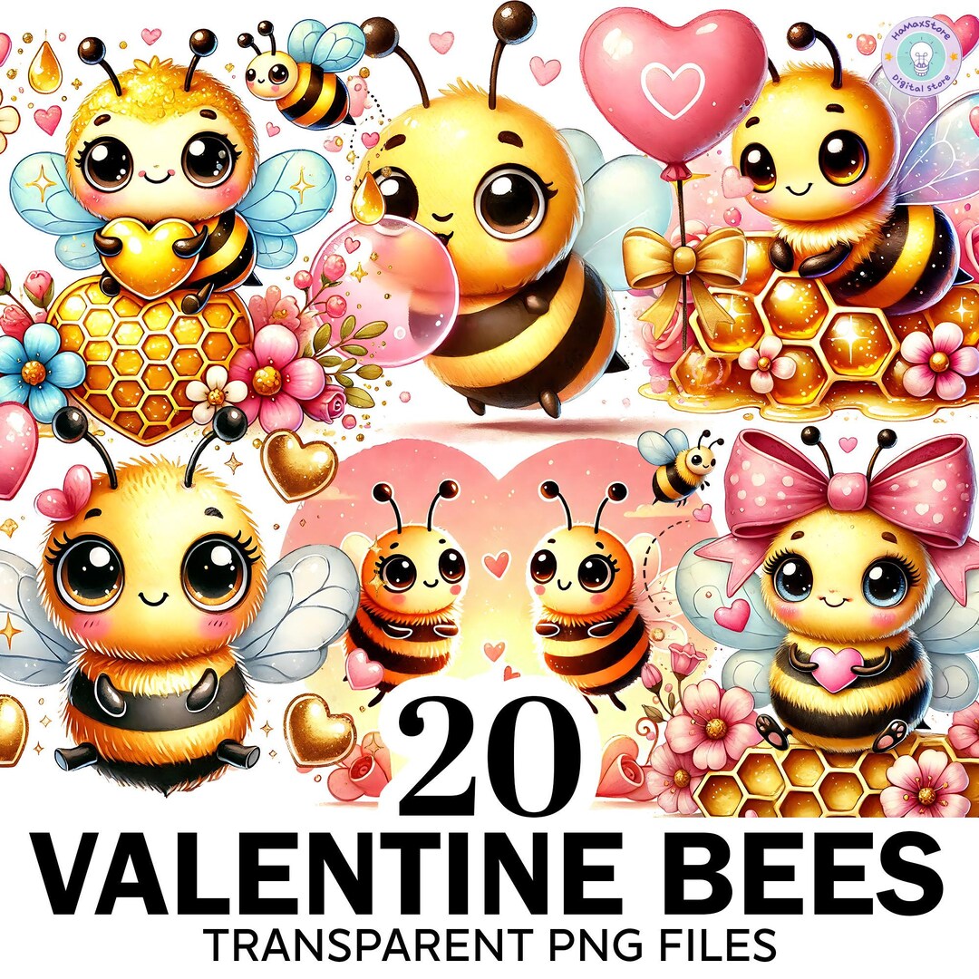 Watercolor Valentine Bees Clipart, 20 PNG Cute Baby Bee Clipart, Animal ...