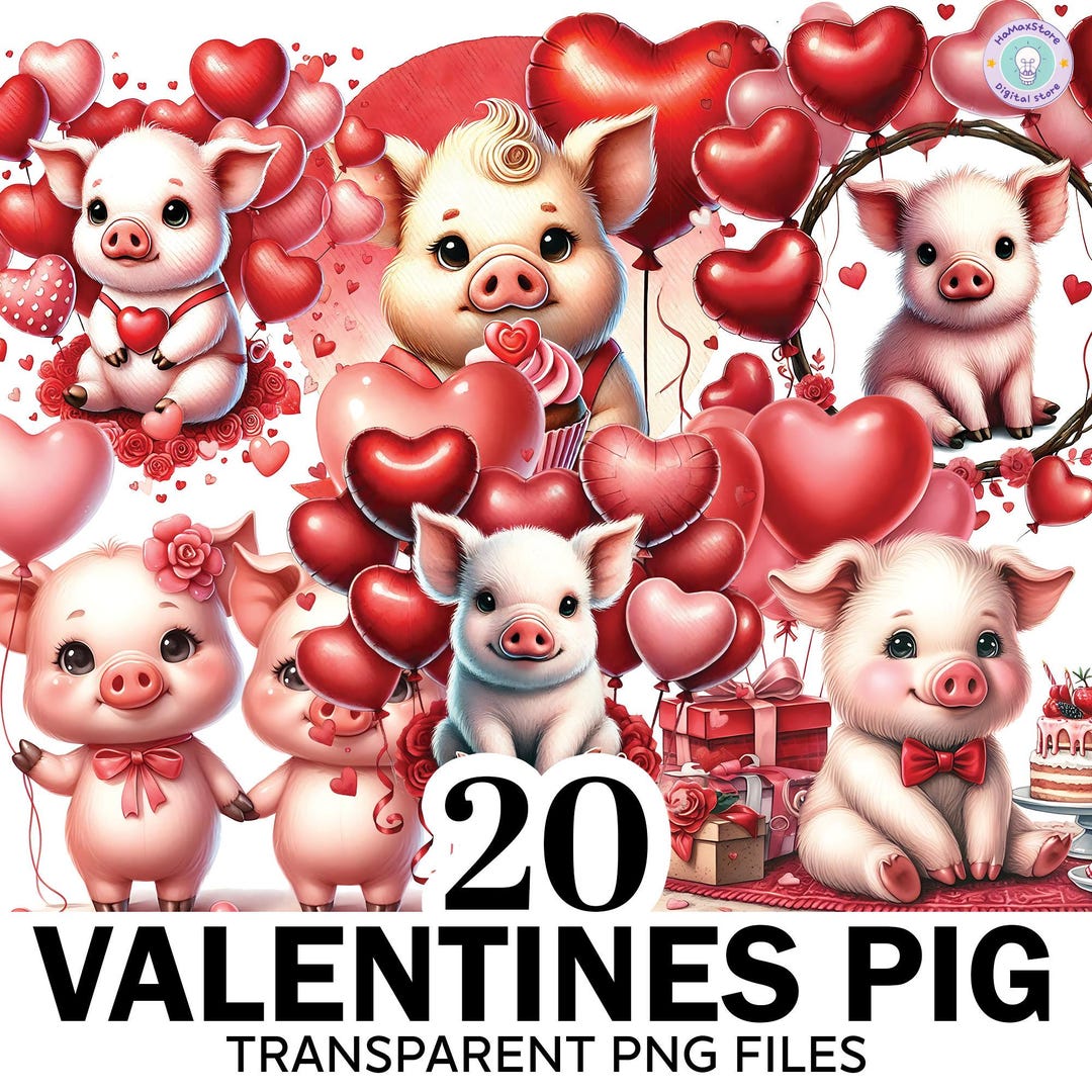 Watercolor Valentines Pigs Clipart, 20 PNG Valentines Animal Clipart ...
