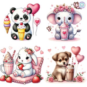 Watercolor Cute Milkshake Animals Clipart, 20 PNG Cute Animal Clipart ...