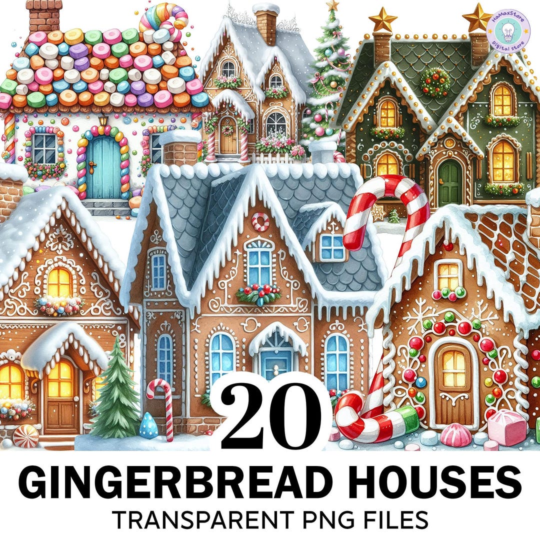 Watercolor Gingerbread Houses Clipart, 20 PNG Christmas Decor Clipart ...