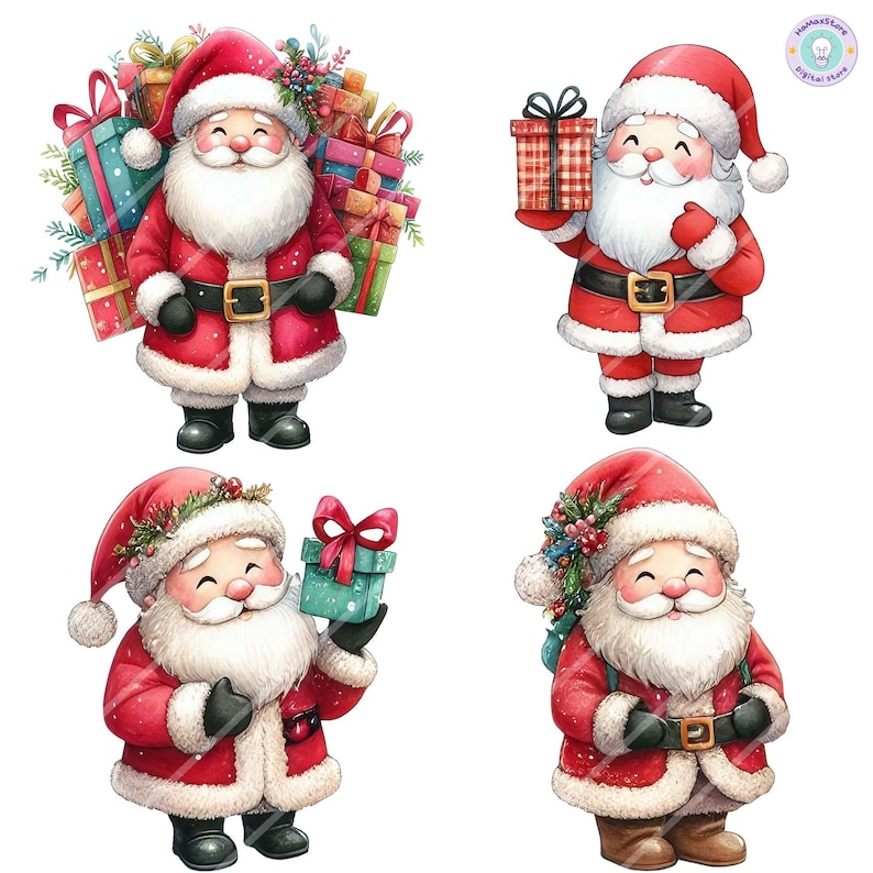 Watercolor Cute Santa Clipart, 40 PNG Cute Christmas Clipart, Christmas ...
