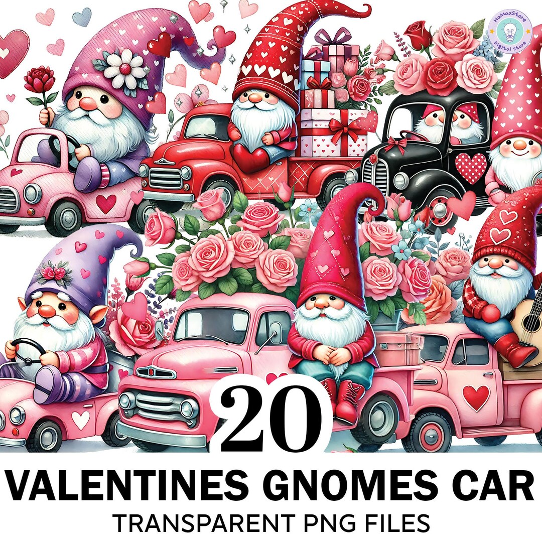 Watercolor Valentines Gnomes Car Clipart, 20 PNG Valentines Gnome ...