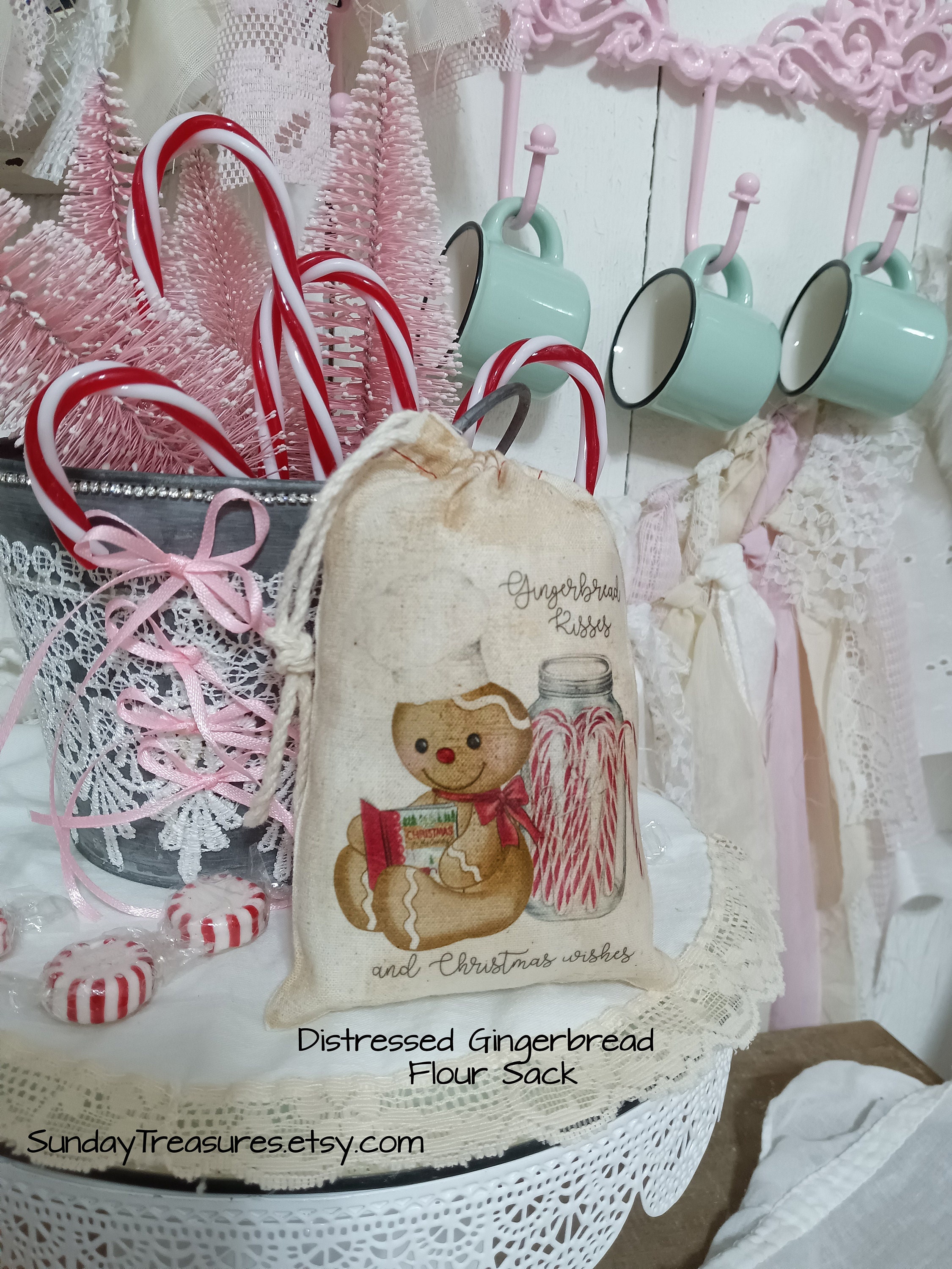 Gingerbread Man Flour Sack With Red Candy Canes / Tiered Tray - Etsy