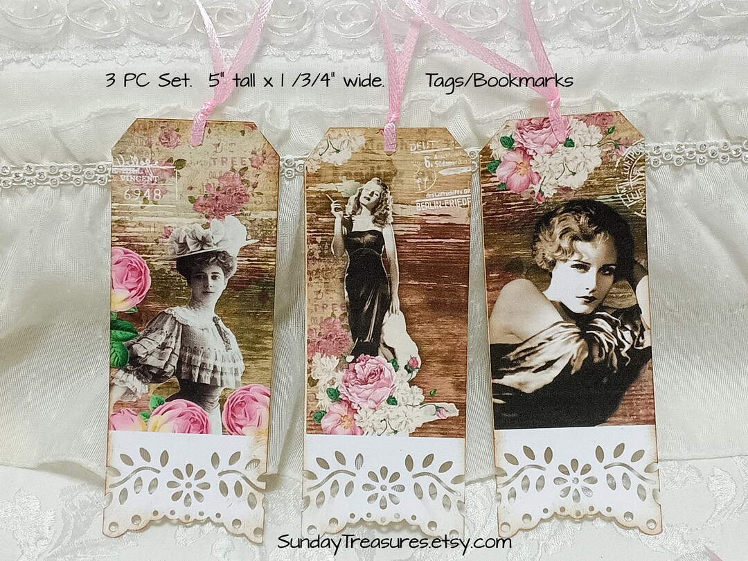 3pc Set Vintage Women Pink Roses Tags Bookmarks / Journaling Cards Junk ...