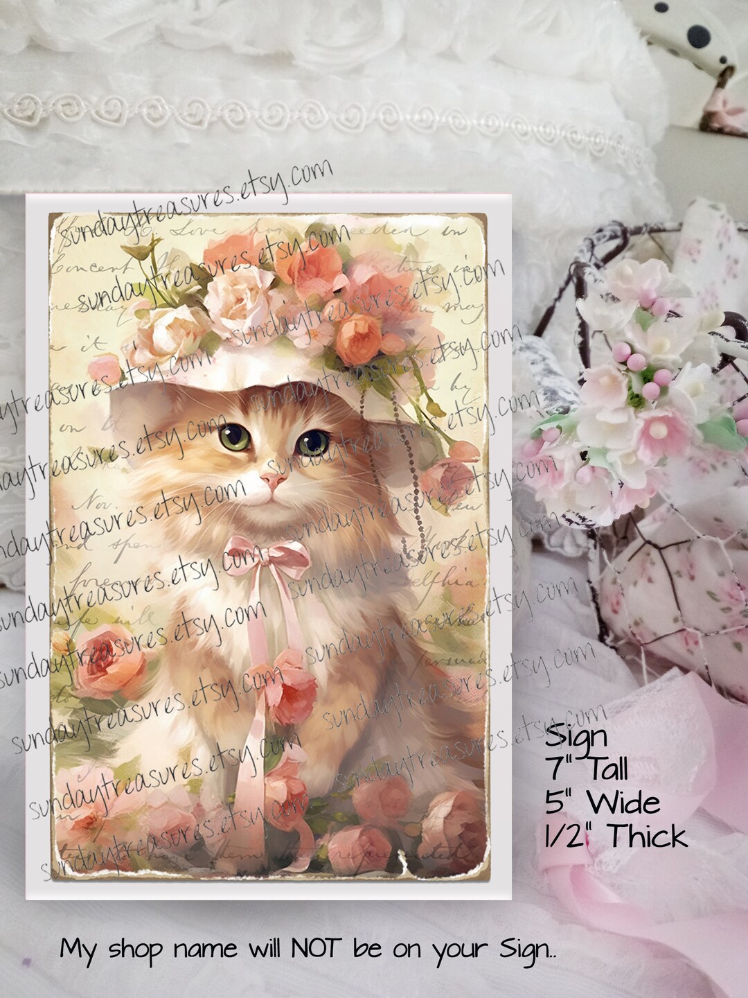 Sign Shabby Cat 5x7 Sign / Pink Blush Pink Roses Cat Kitten Wall Art ...