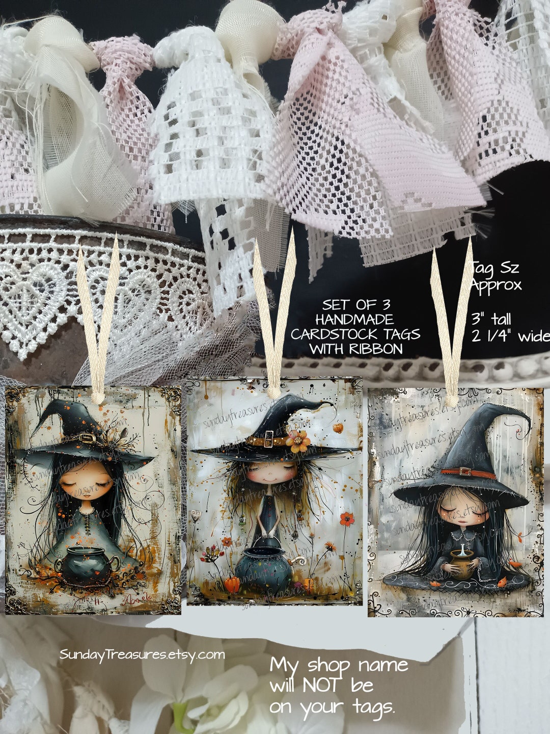 Handmade 3 Pc Set Halloween Witch Tags / Witch Favor Tags Decor Favor ...