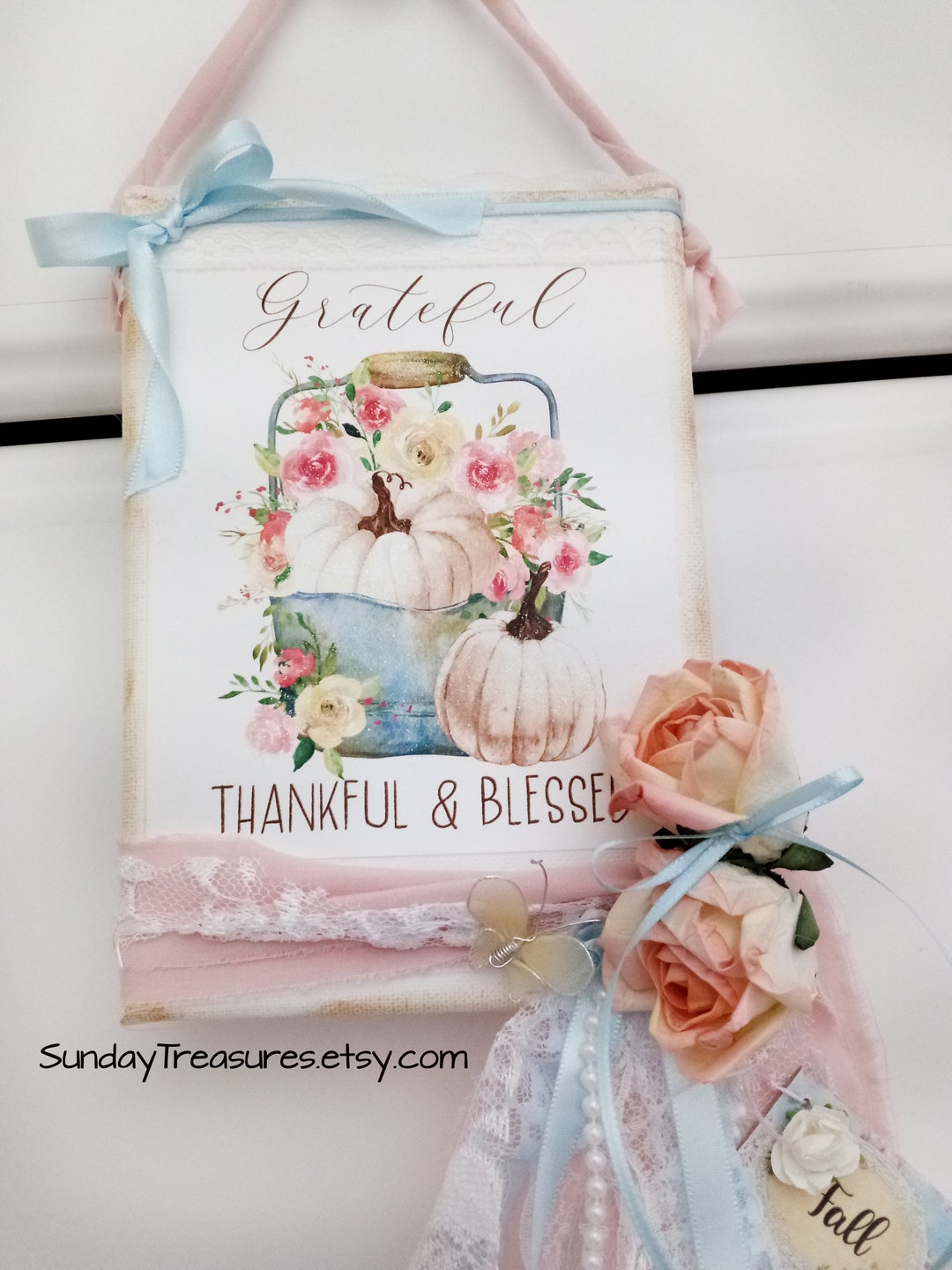 Pink Blue Thanksgiving Fall Pumpkins Wall Decor Sign / Cottage Country ...