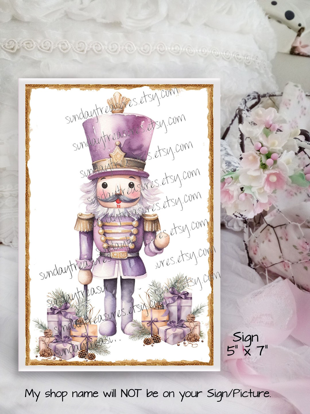 5x7 Sign Lavender Nutcracker Wall Decor / Purple Christmas Decor / Romantic Pastel Shabby Chic ...