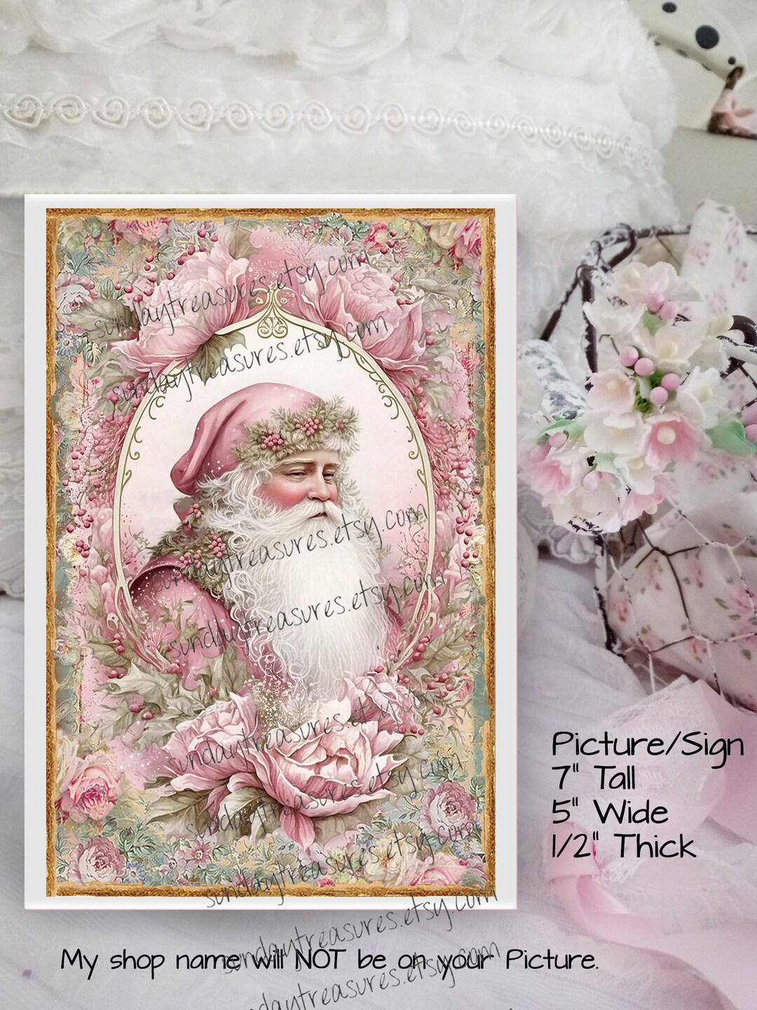 Pink Vintage Santa Christmas Sign Wall Decor / Romantic Pastel Pink ...