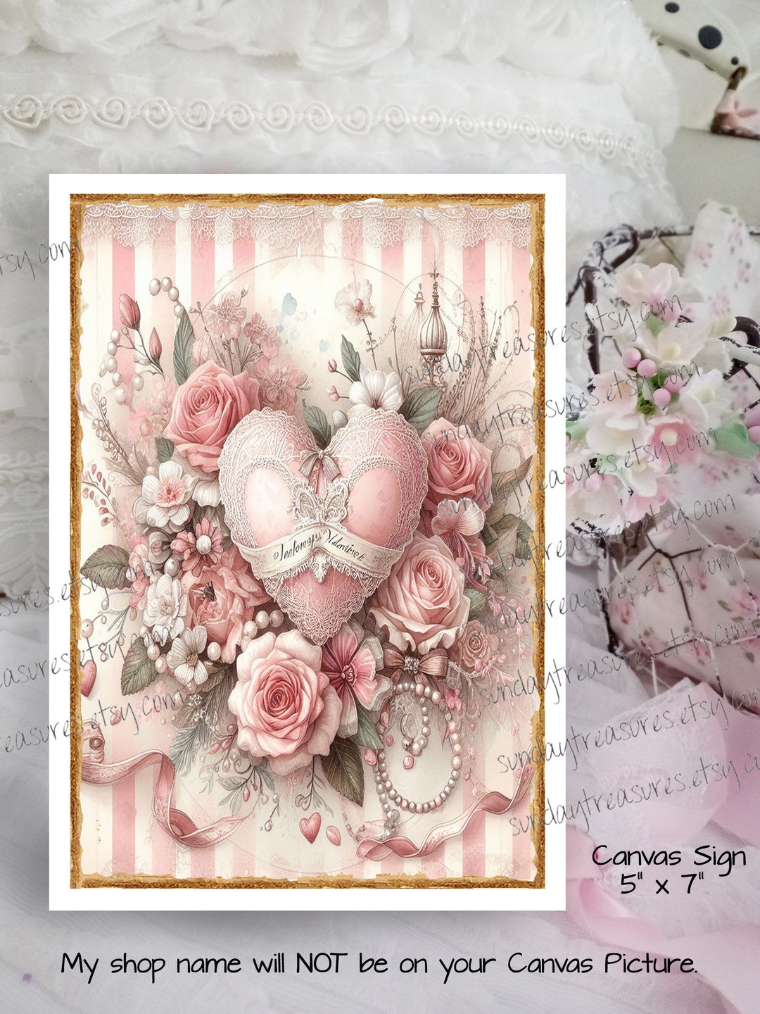 Shabby Chic Heart Pink Roses 5x7 Canvas Sign Picture / Shabby Chic ...