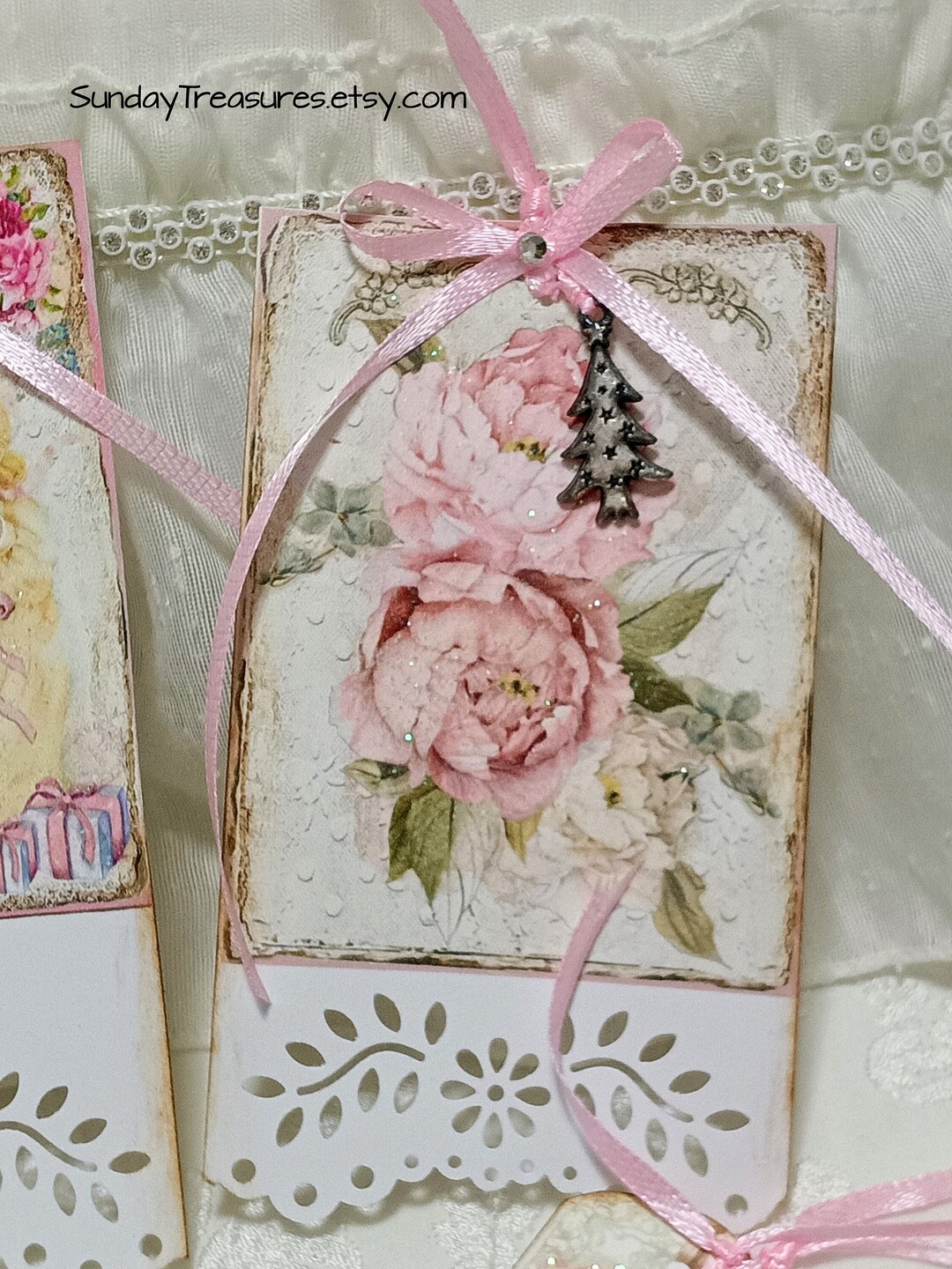 Pink Vintage Garden Roses Christmas Tag / Junk Journal Tag Ornament ...