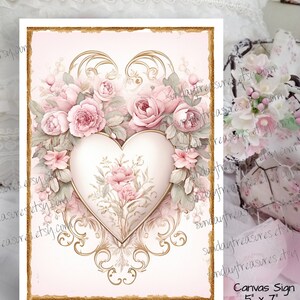 Shabby Chic Heart Pink Roses 5x7 Canvas Sign Picture / Shabby Chic ...