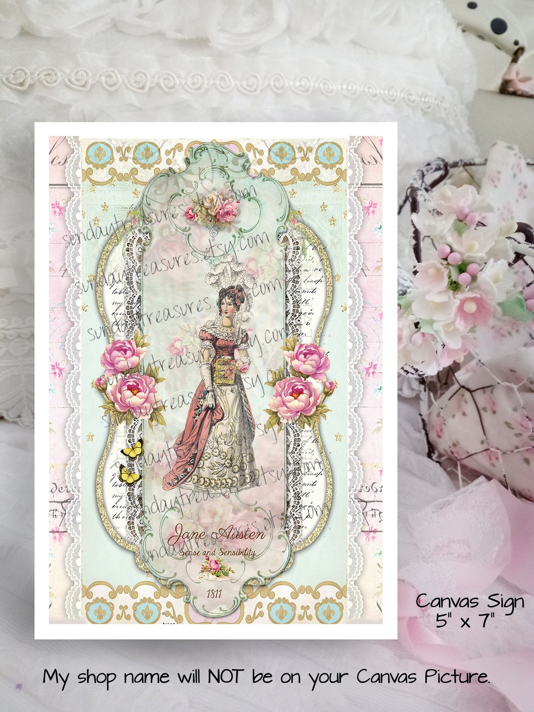 Jane Austen 5x7 Canvas Sign Picture Shabby Chic Pink Mint Green ...