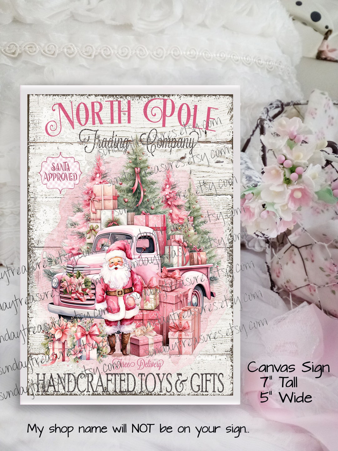 PINK Vintage Truck Pink Santa Sign Wall Decor 5x7 Wall Hanging ...