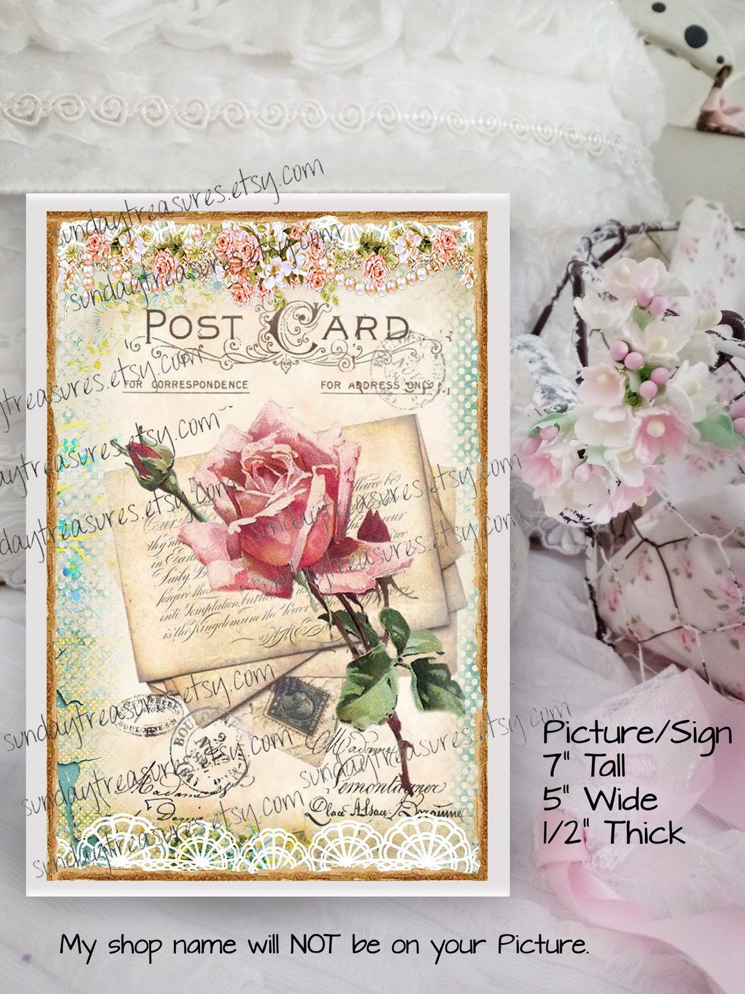 Long Stemmed Pink Rose Shabby Garden Rose / 5x7 Sign / Pink Shabby ...