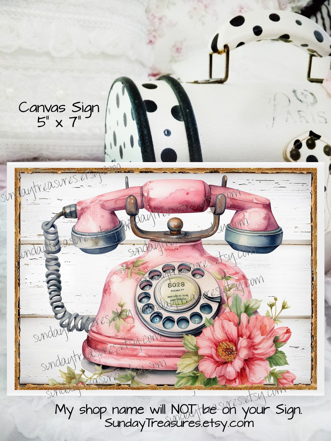 Pink Retro Vintage Rotary Dial Telephone Pink Shabby Chic Flowers / 5x7 ...