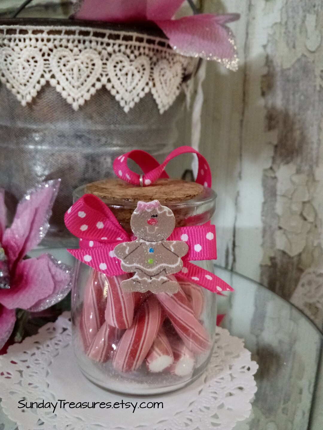 Pink & Red Candy Cane Candy Jar Gingerbread Girl Ornament / Tiered Tray ...