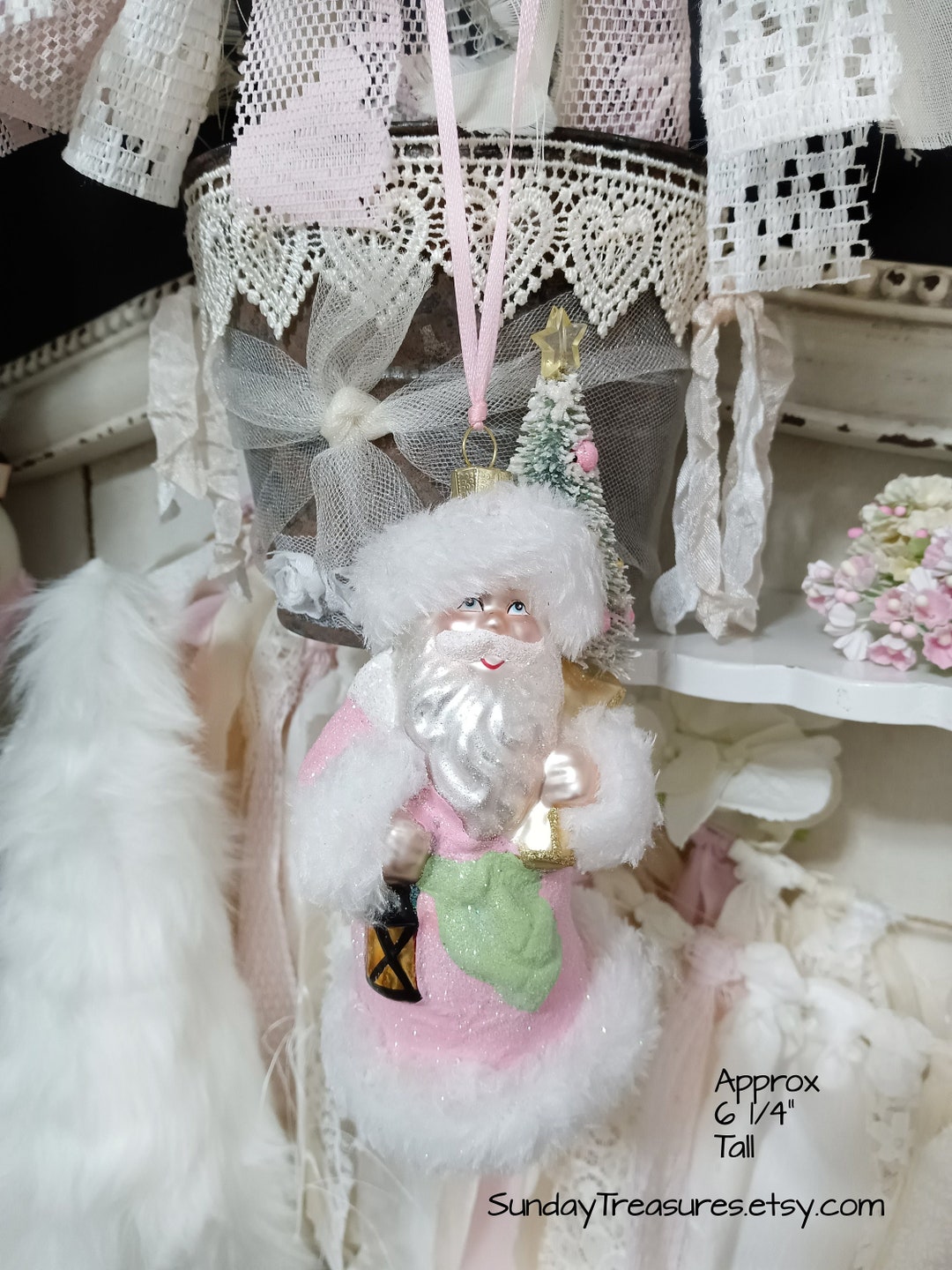 Pink Vintage Santa Shabby Chic Christmas Ornament Statue 6 1/4 Tall ...