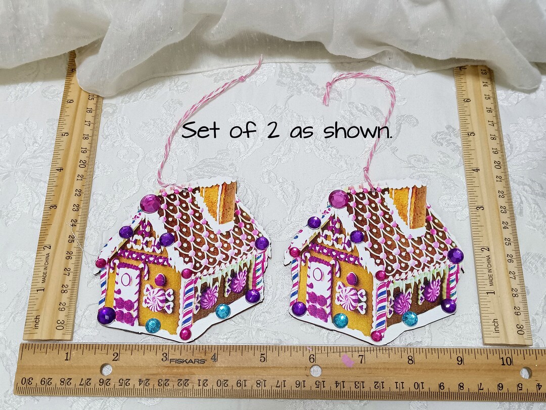 2 Pc Set Pink Purple Gingerbread Houses Shaped Wood ORNAMENTS / Tiered ...