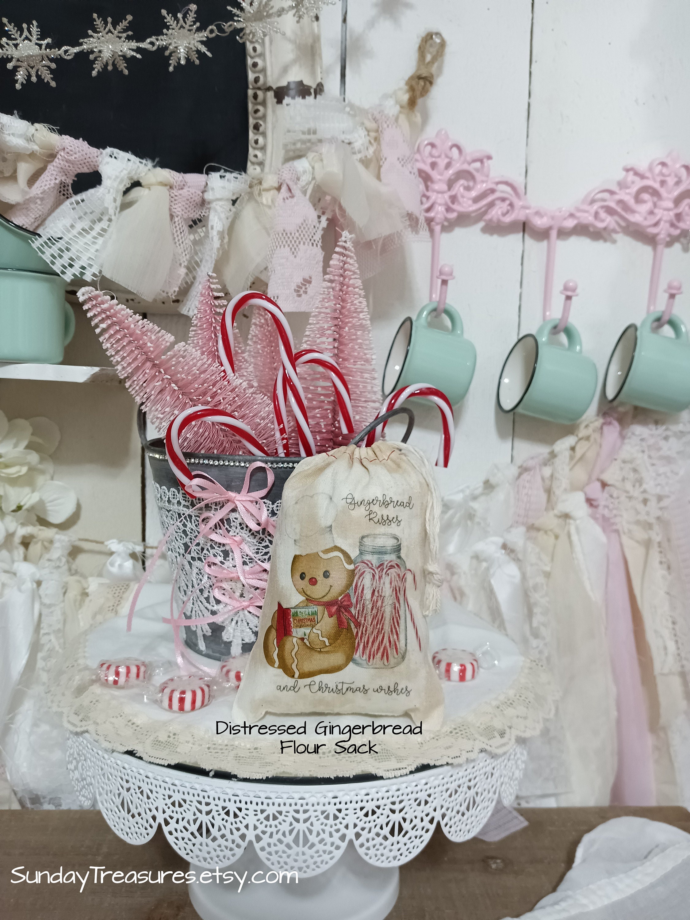 Gingerbread Man Flour Sack With Red Candy Canes / Tiered Tray - Etsy