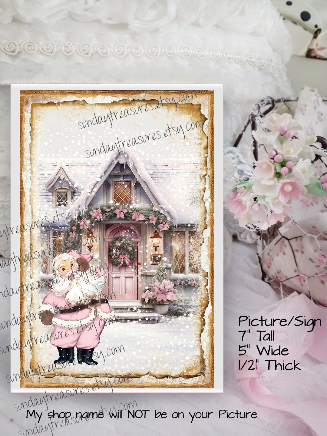 Pink Vintage Santa Cottage Cabin Wall Decor / Romantic Pastel Pink ...