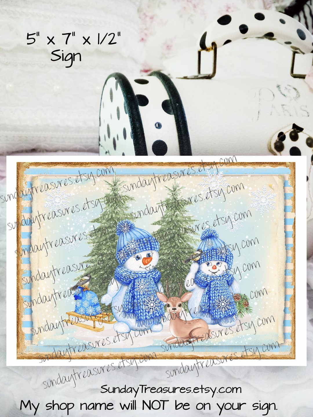 Blue Snowman Deer Sled Winter Sign Decor / Sign 5x7 / Wall Hanging ...