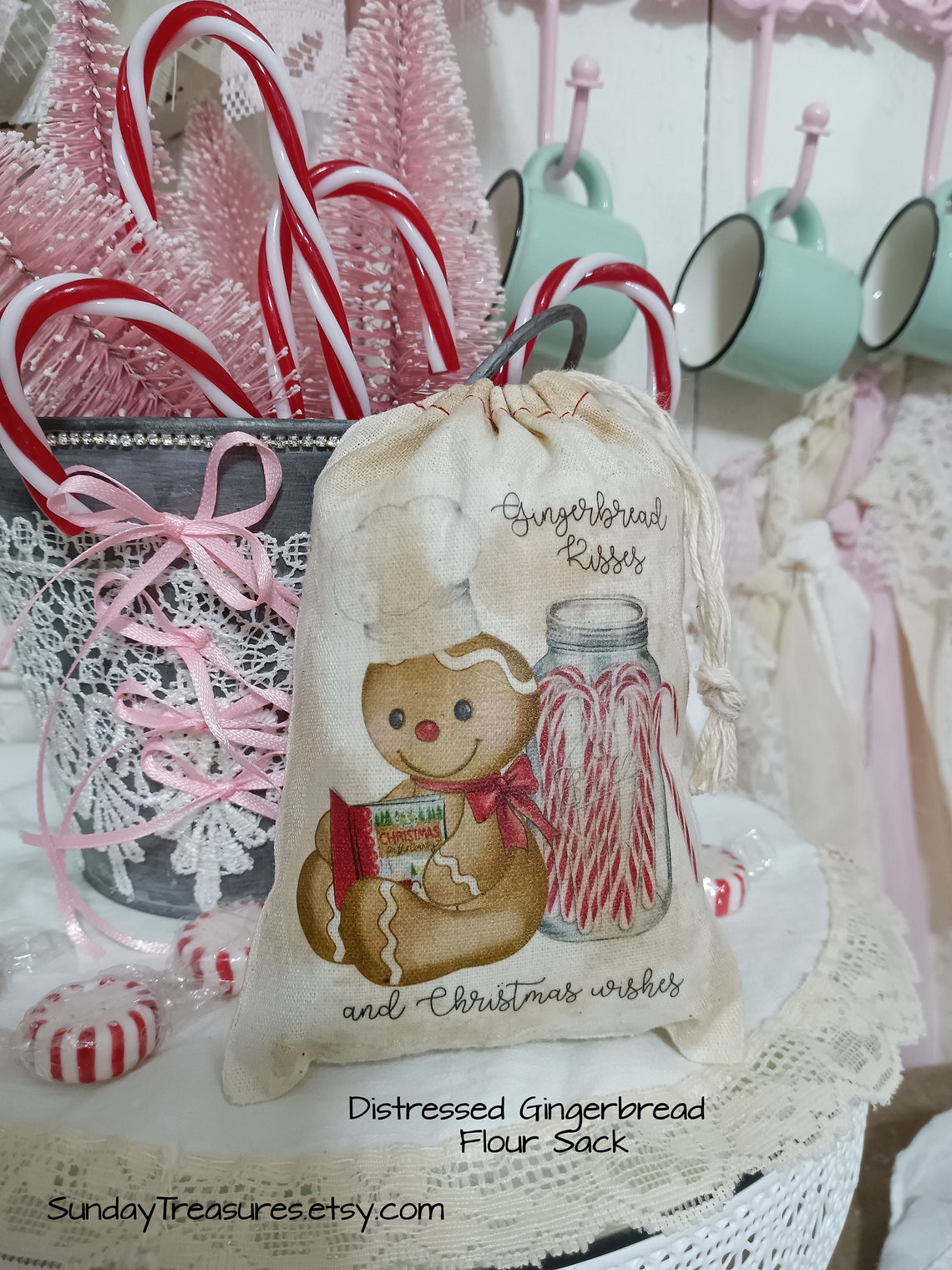 Gingerbread Man Flour Sack With Red Candy Canes / Tiered Tray - Etsy