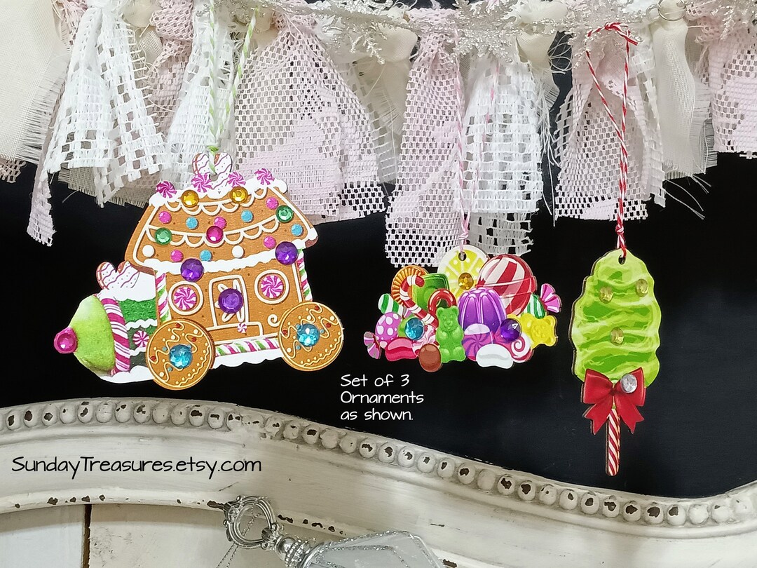 3 Pc Set Gingerbread Train Cotton Candy Gummies Shaped Wood ORNAMENTS ...
