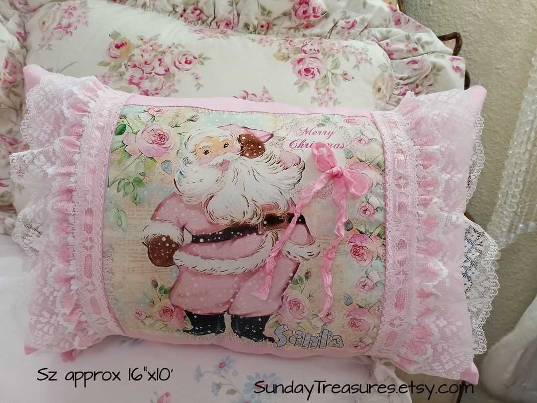 Pink Vintage Santa Pillow / Pink Santa Christmas Pillow Sz 15x9 / Lace ...