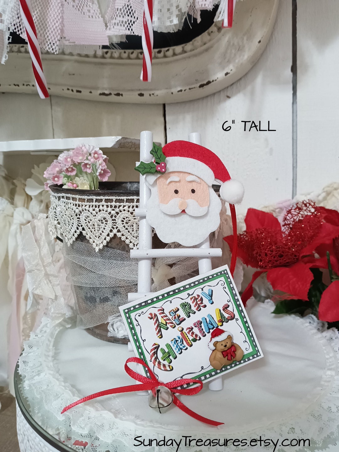 Red Santa on Ladder Christmas Ornament / Red Country Farmhouse ...