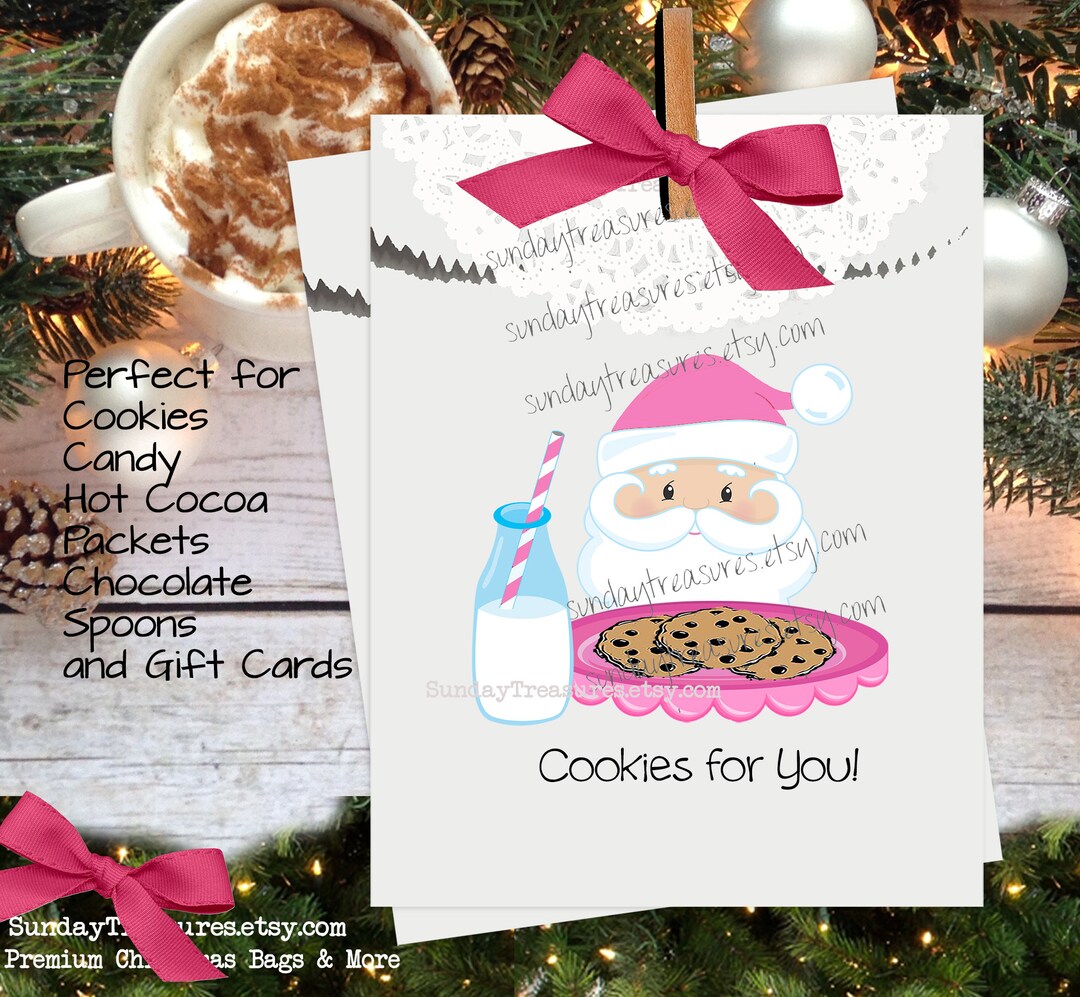 12 PAK / Pink Santa Milk & Cookies Christmas Cookie Favor Bags / Treat ...