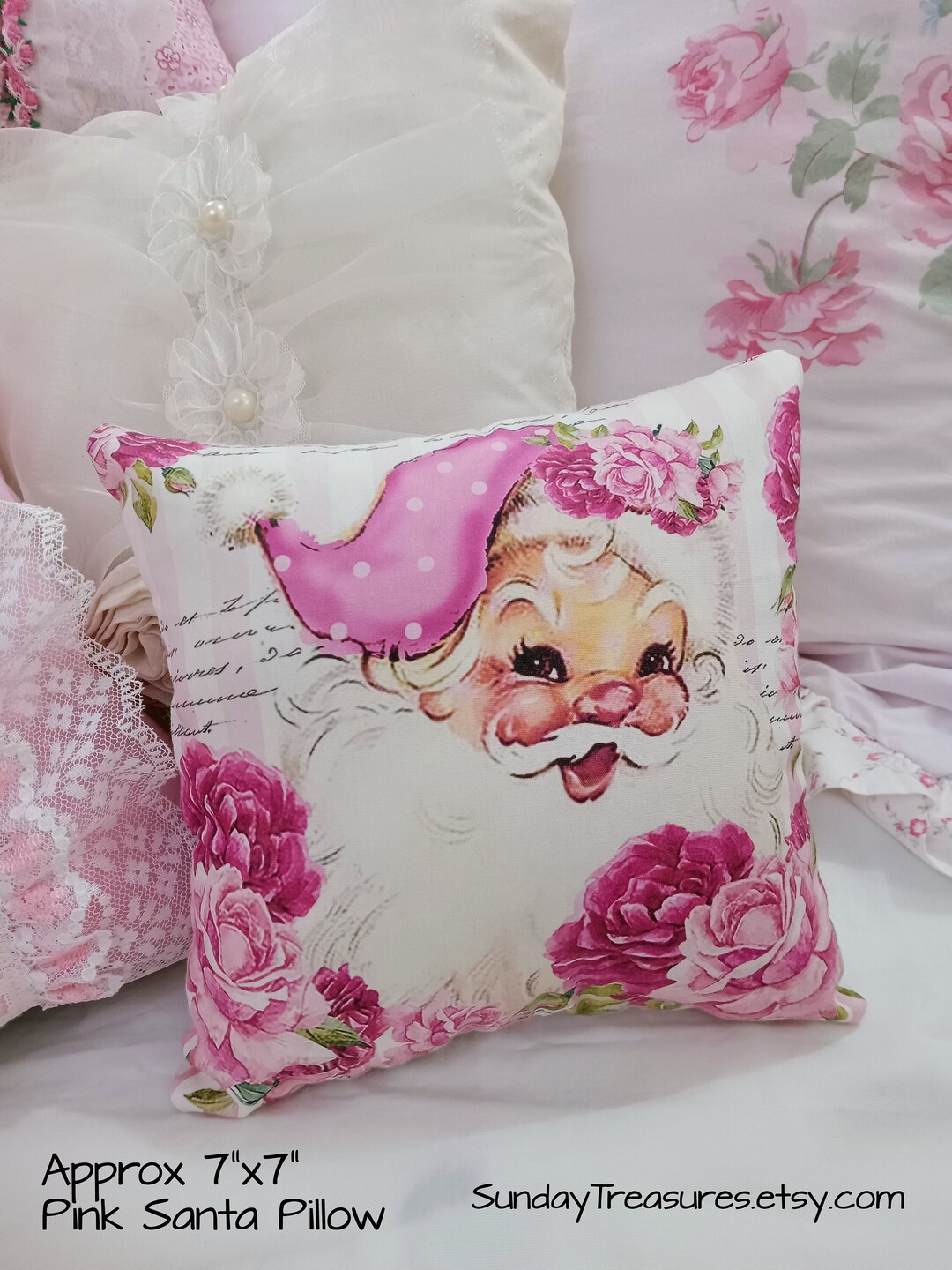 Pink Vintage Santa Pillow / Pink Santa Christmas Pillow / Pink Roses ...