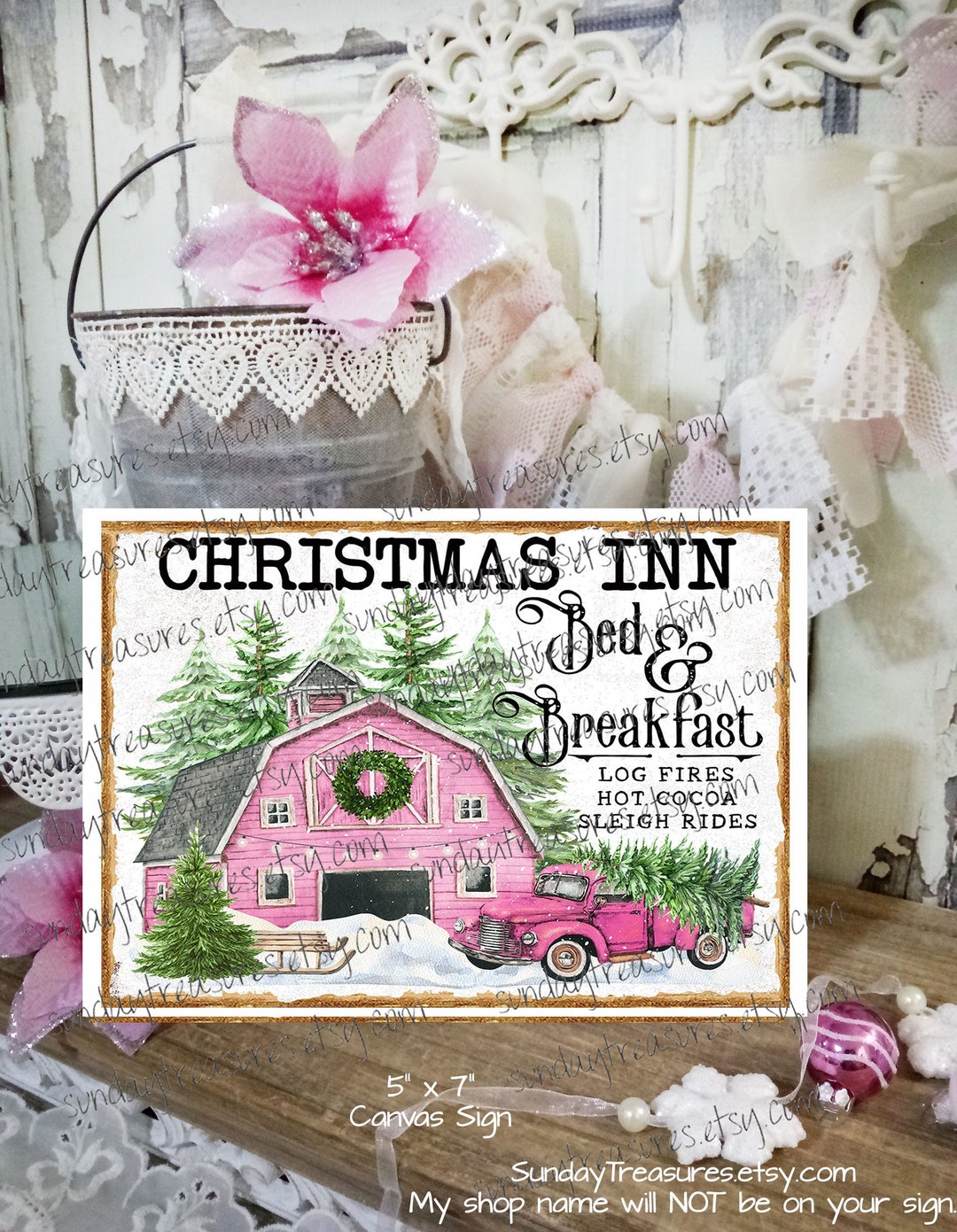Pink Christmas Barn Pink Christmas Truck Wall Hanging Art Sign / 5x7 ...