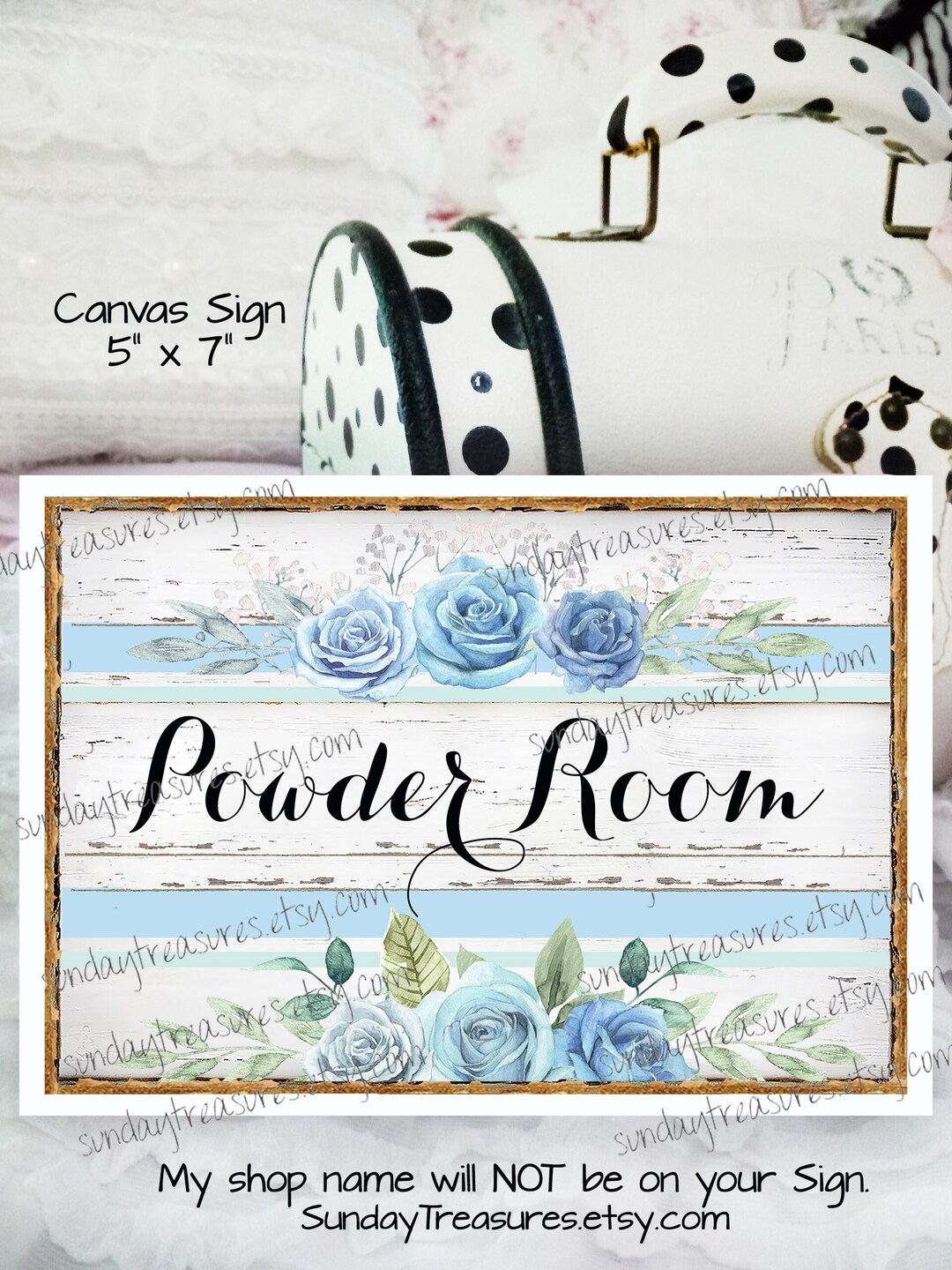 Blue Powder Room / 5x7 Sign / Blue Shabby Roses / Cottage Bathroom Wall ...