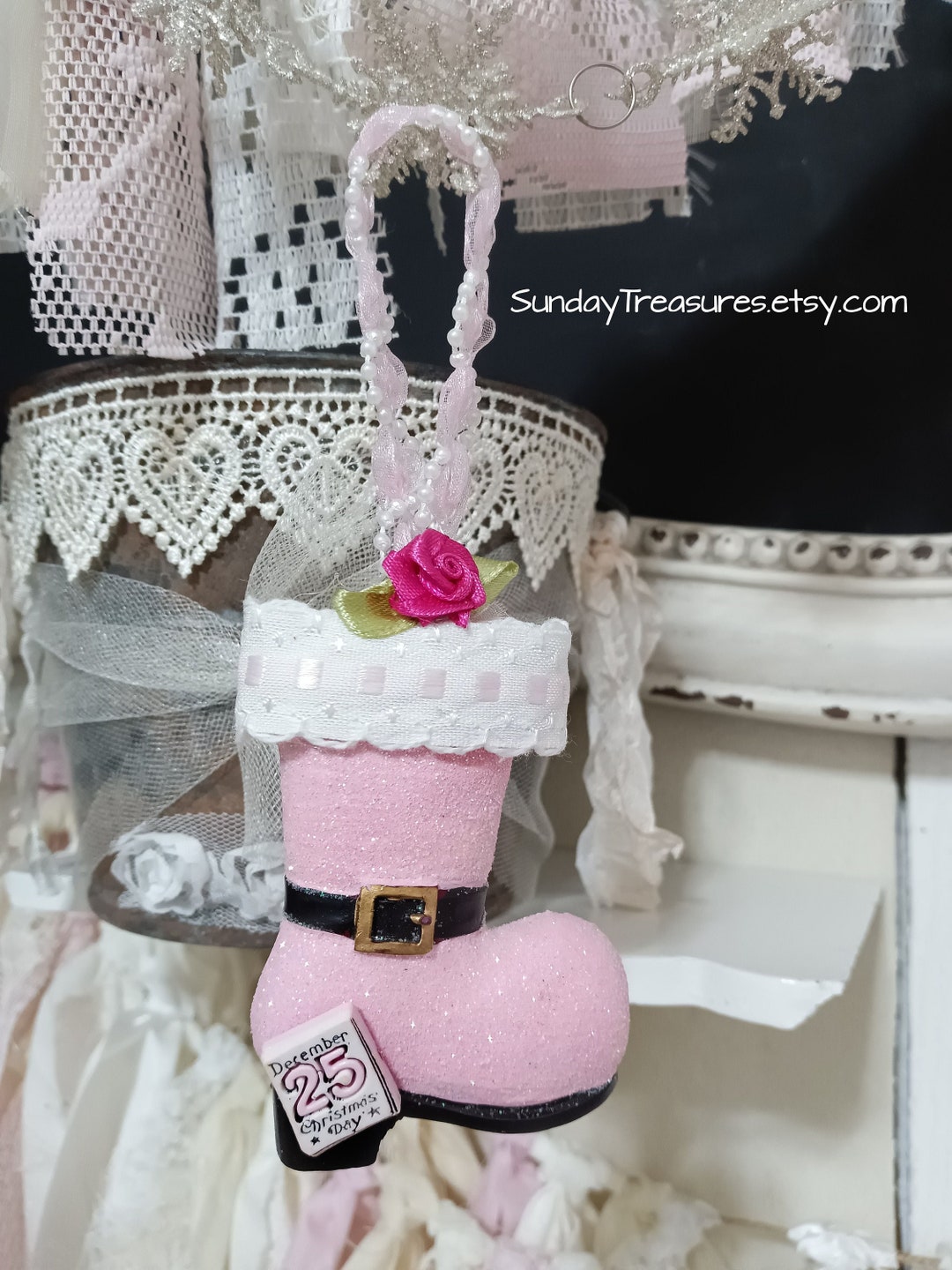 Pink Santa Boot Christmas Ornament / Romantic Dreamy Shabby Chic / Pink ...