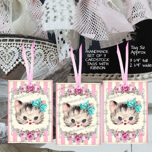 Handmade Tags 3pc Set Retro Kitten Cat Tags / Shabby Chic Kitten Favor ...