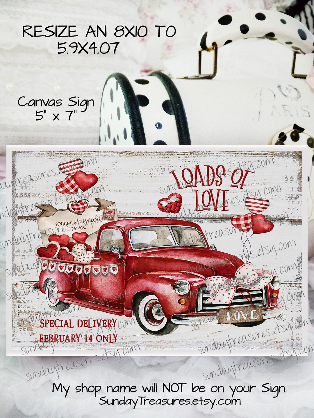 Red Valentine Truck Hearts & Love Letters / 5x7 Canvas Picture / Shabby ...