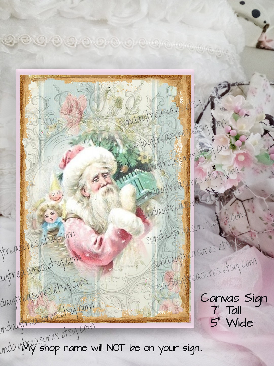 PINK Blue Vintage Santa Sign Wall Decor 5x7 Wall Hanging Christmas Art ...