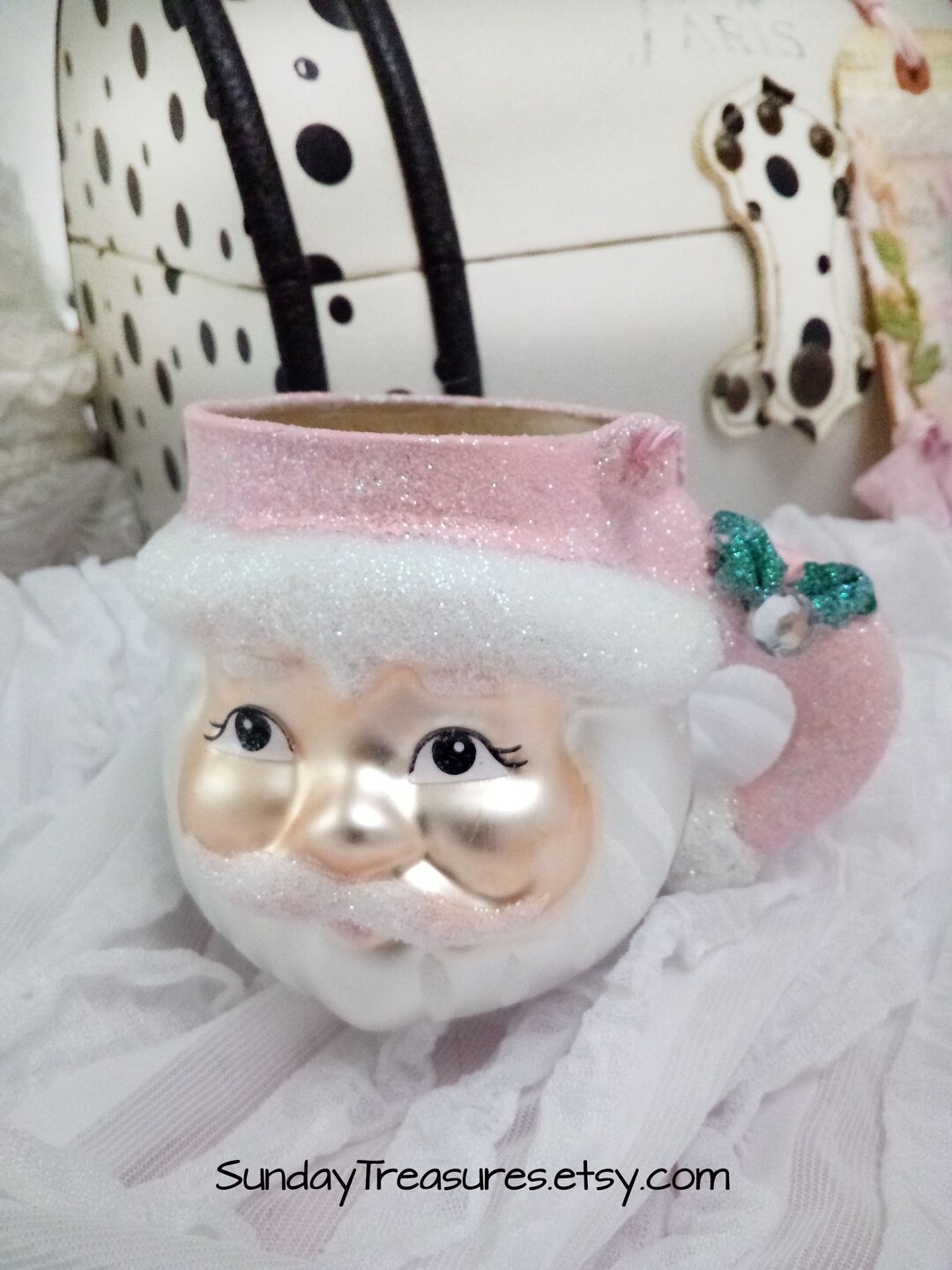 Pink Vintage Santa MUG Ornament / Tiered Tray Stand Decor / Shabby Chic ...