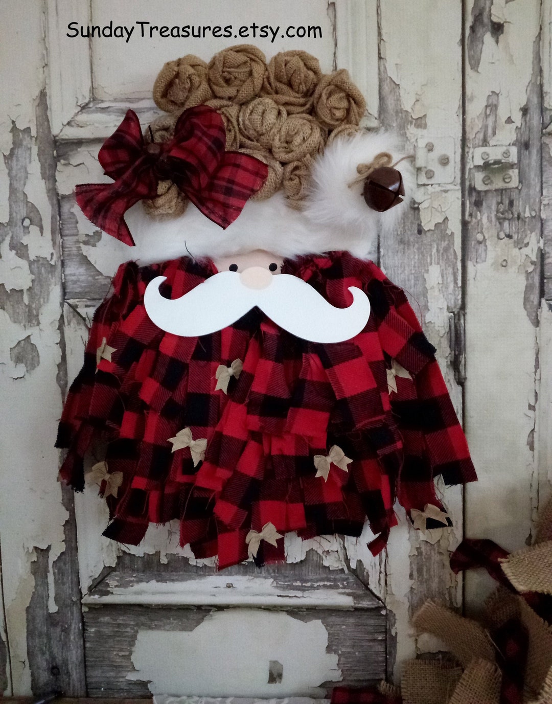 RED & Black Buffalo Check Santa Tattered Beard / 17 Tall / Farmhouse ...