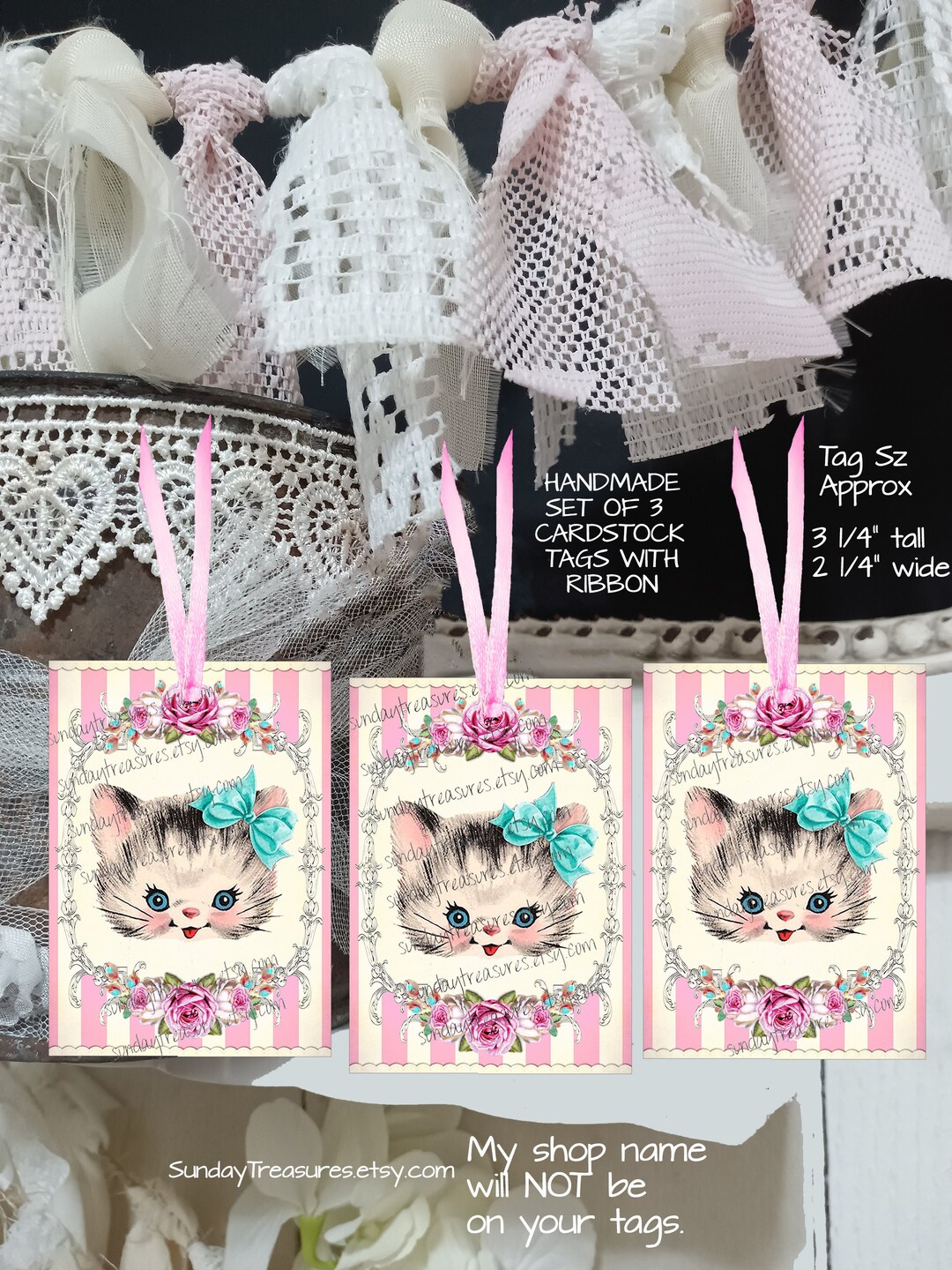 Handmade Tags 3pc Set Retro Kitten Cat Tags / Shabby Chic Kitten Favor ...