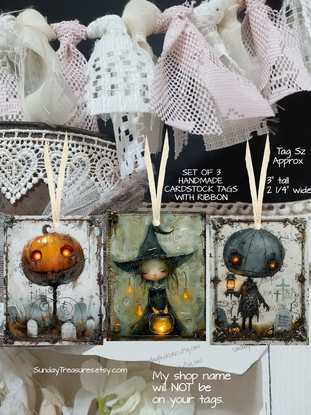 Handmade 3 Pc Set Halloween Pumpkins Witch Tags / Creepy Gothic Favor ...
