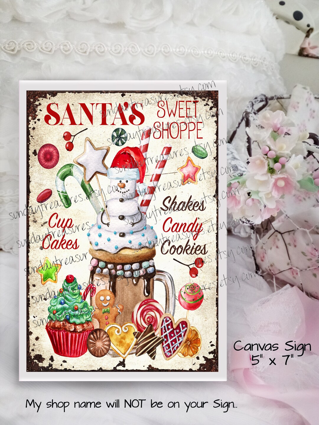 Snowman Sign / Santa's Sweet Shoppe Cocoa Mug Cookies / 5x7 / Wall Art ...