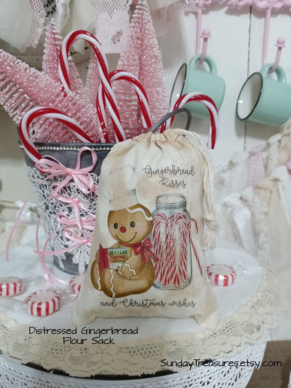Gingerbread Man Flour Sack With Red Candy Canes / Tiered Tray - Etsy